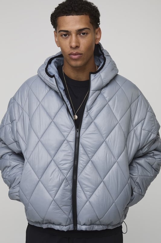 Oversized Boxy High Sheen Diamond Quilted Hooded Funnel Puffer Jacket
