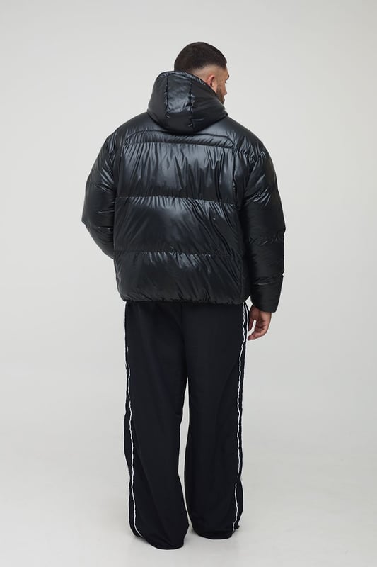 Plus High Shine Regular Fit Hooded Quilted Puffer In Black
