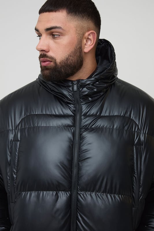 Plus High Shine Regular Fit Hooded Quilted Puffer In Black