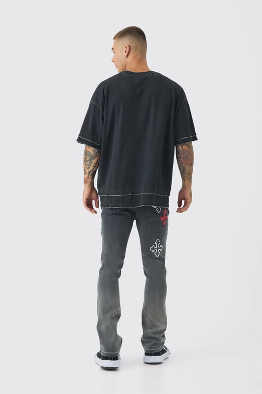 Skinny Stretch Flare Cross Applique Jeans