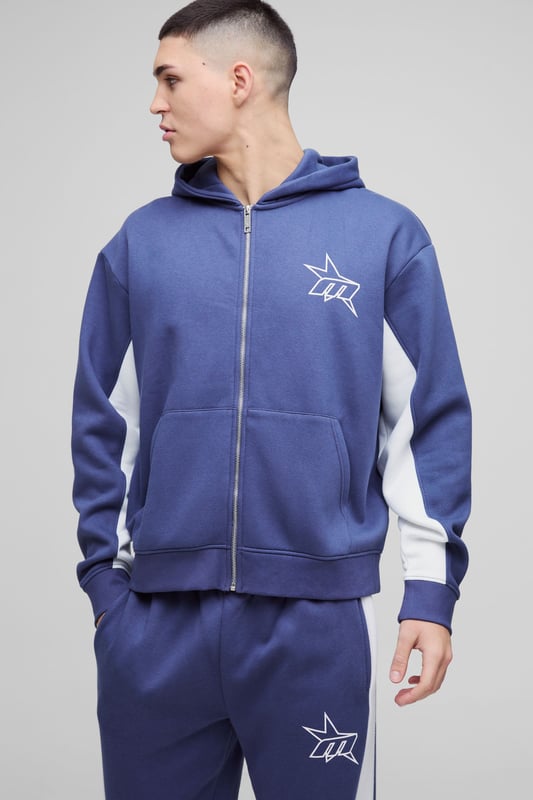 Oversized Boxy M Star Panelled Zip Through Hoodie