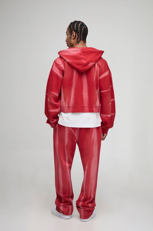 Shrunken Boxy Streak Wash Man Sport Embroidered Zip Through Hoodie