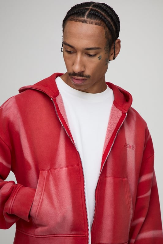 Shrunken Boxy Streak Wash Man Sport Embroidered Zip Through Hoodie