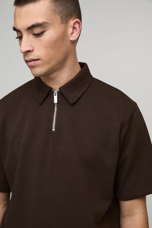 Regular Fit Heavyweight Textured Herringbone Zip Neck Polo