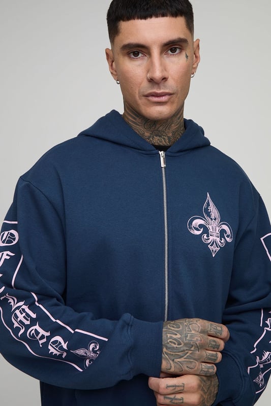 Tall Oversized Boxy Worldwide Gothic Zip Through Hooded Tracksuit