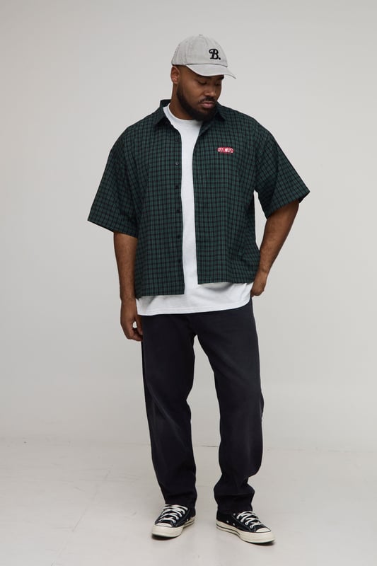 Plus Oversized Boxy Embroidered Micro Check Shirt
