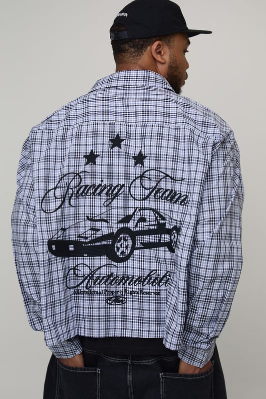 Plus Oversized Boxy Racing Embroidered Micro Check Shirt