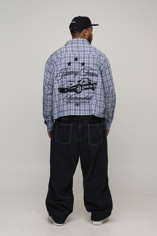 Plus Oversized Boxy Racing Embroidered Micro Check Shirt