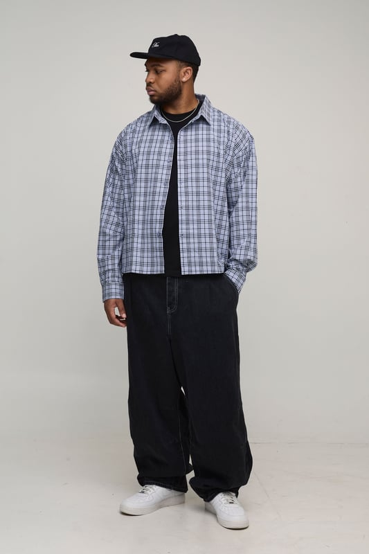 Plus Oversized Boxy Racing Embroidered Micro Check Shirt
