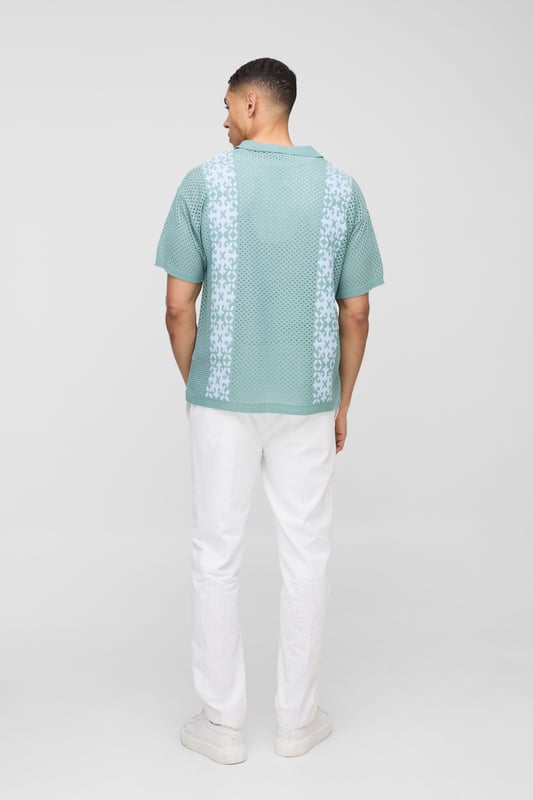 Relaxed Fit Crochet Look Border Stripe Knitted Shirt
