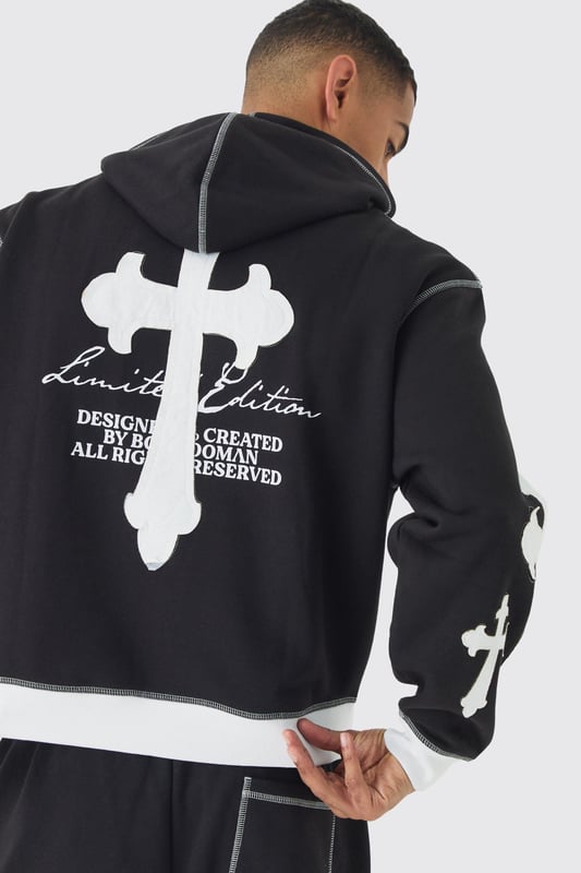 Oversized Boxy Limited Edition Cross Applique Hoodie and Jogger Tracksuit
