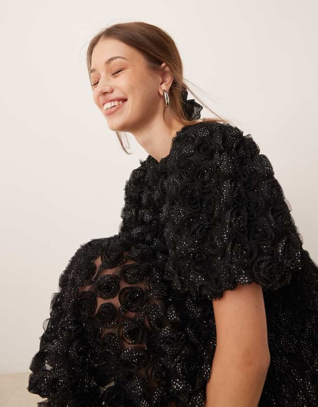 YAS 3D textured rose mini smock dress in black with silver shimmer