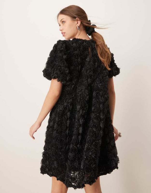 YAS 3D textured rose mini smock dress in black with silver shimmer