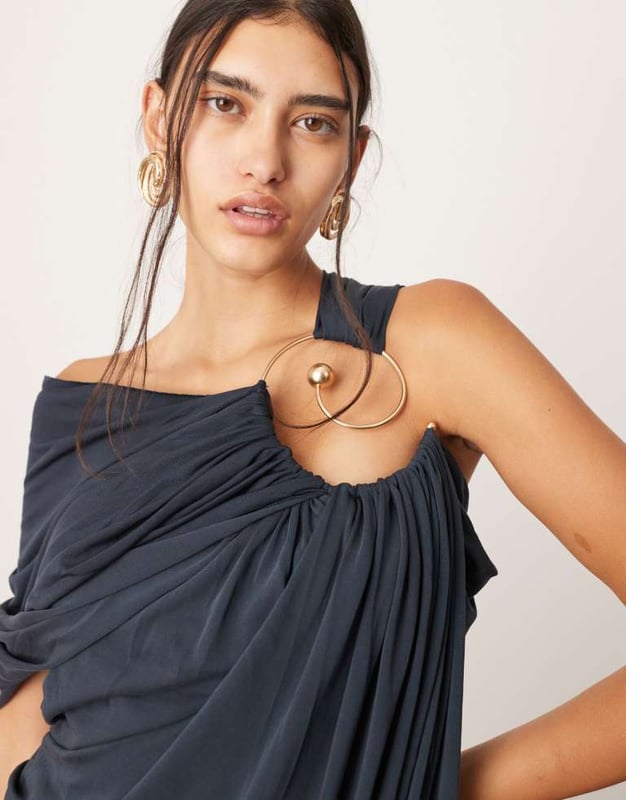 ASOS EDITION asymmetric neck maxi dress with spiral trim in dark blue