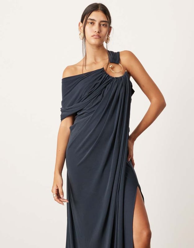 ASOS EDITION asymmetric neck maxi dress with spiral trim in dark blue