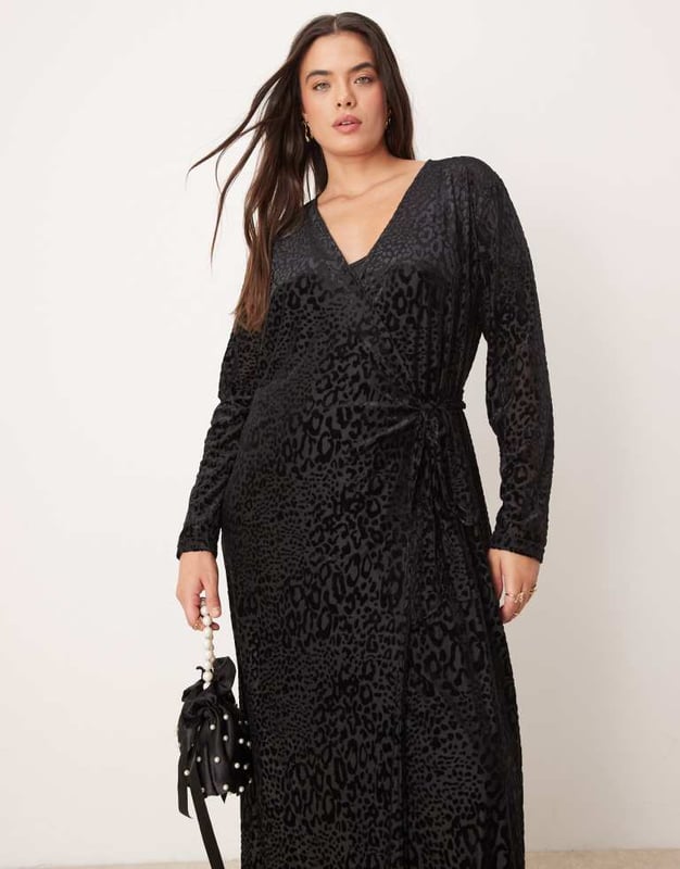 Never Fully Dressed Plus burnout velvet wrap midaxi dress in black
