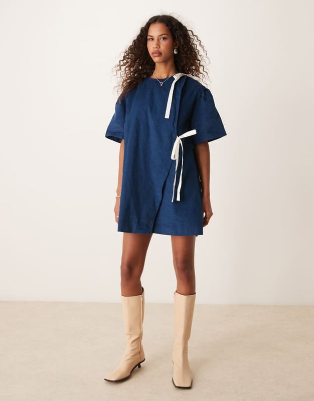Ghospell contrast bow mini dress in navy