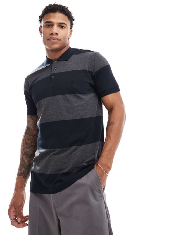 French Connection striped polo shirt in navy and charcoal