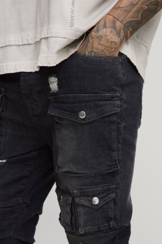 Tall Stacked Skinny Multi Pocket Cargo Jeans