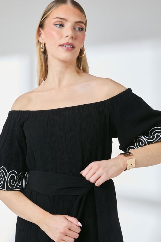 Crinkle Viscose Bardot Bubble Hem Midaxi Dress