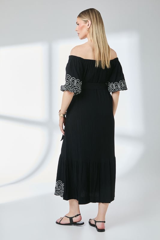 Crinkle Viscose Bardot Bubble Hem Midaxi Dress