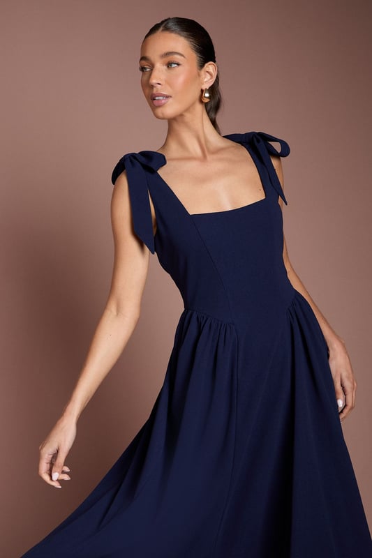 Sleeveless Crepe Midi Dress With Bow Detail Straps
