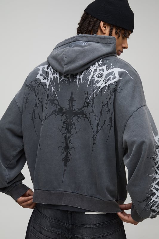 Charcoal Oversized Boxy Premium Man Tattoo Acid Wash Printed Hoodie