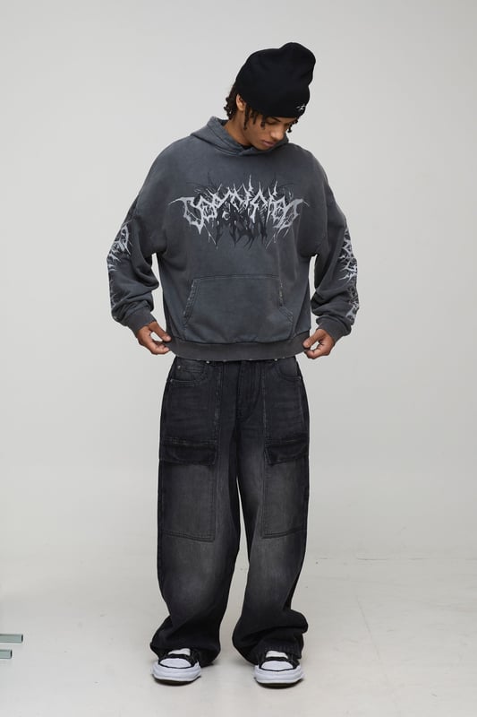 Charcoal Oversized Boxy Premium Man Tattoo Acid Wash Printed Hoodie