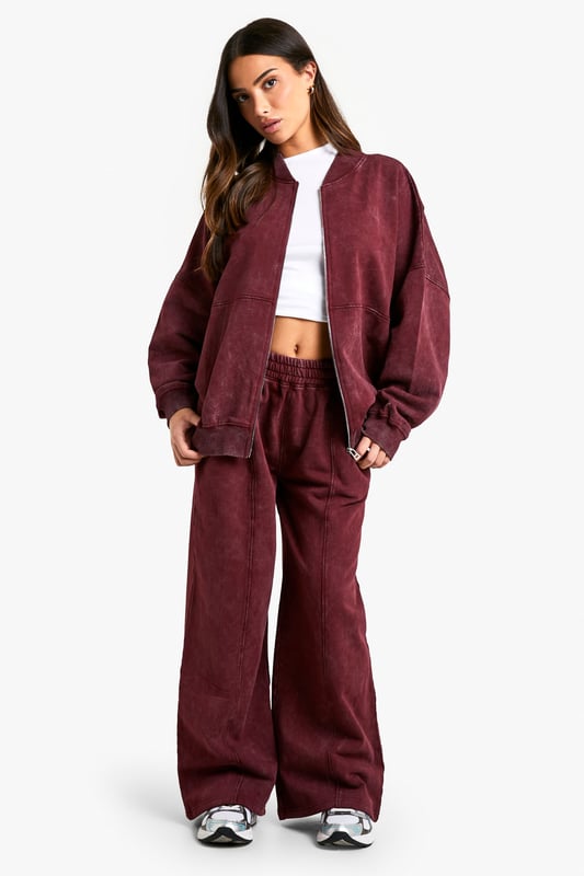 Petite Washed Zip Through Bomber Straight Leg Jogger Tracksuit