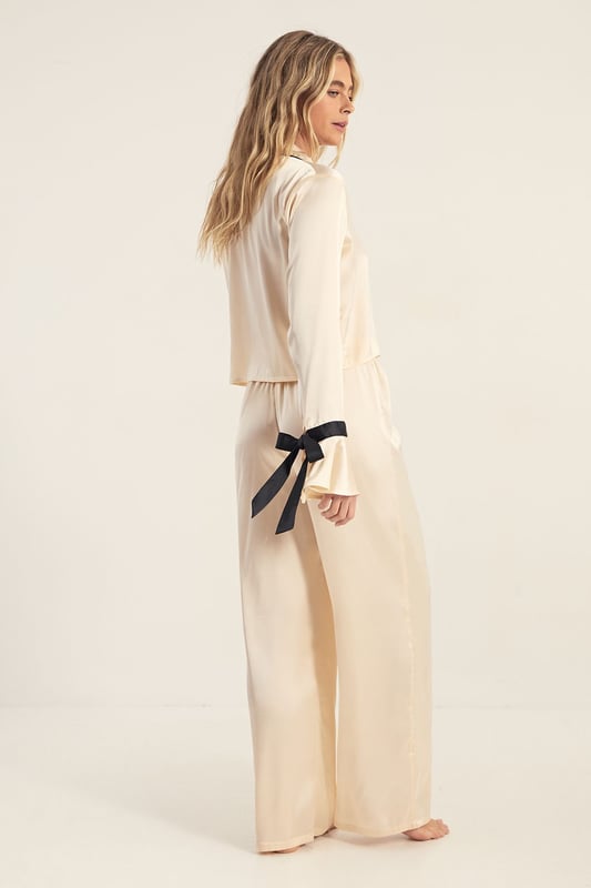 Satin Contrast Tie Cuff Pajama Shirt And Pants Set