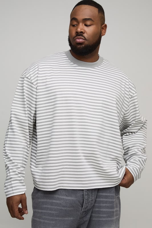 Plus Heavyweight Oversized Boxy Extended Neck Long-sleeve Striped T-Shirt