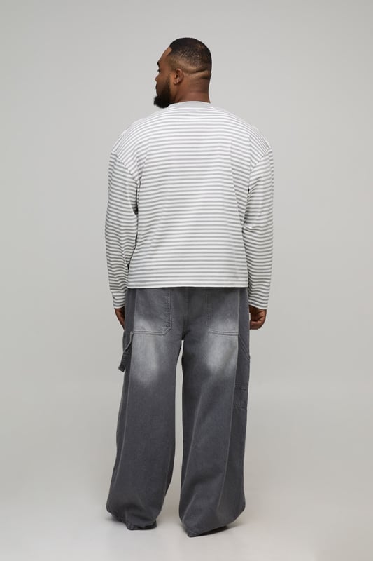 Plus Heavyweight Oversized Boxy Extended Neck Long-sleeve Striped T-Shirt