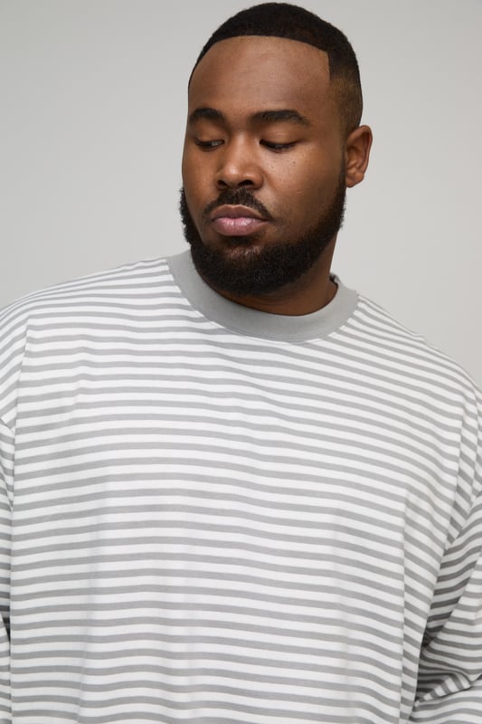 Plus Heavyweight Oversized Boxy Extended Neck Long-sleeve Striped T-Shirt