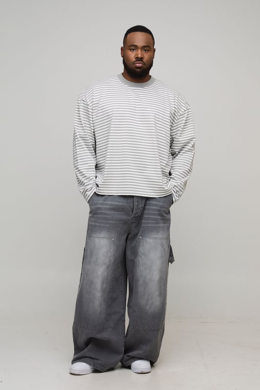Plus Heavyweight Oversized Boxy Extended Neck Long-sleeve Striped T-Shirt