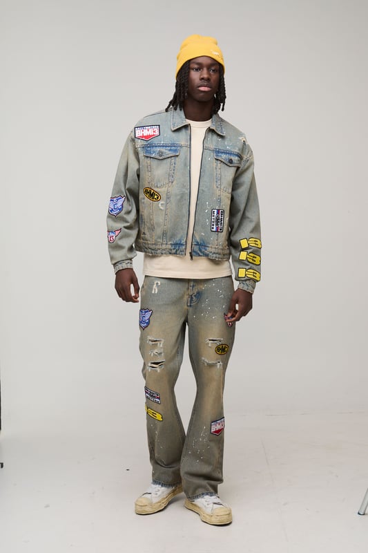 Boxy Moto Badge Washed Denim Jacket