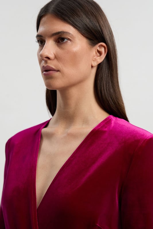 Velvet Plunge Neck Taffeta Peplum Long Sleeve Mini Dress