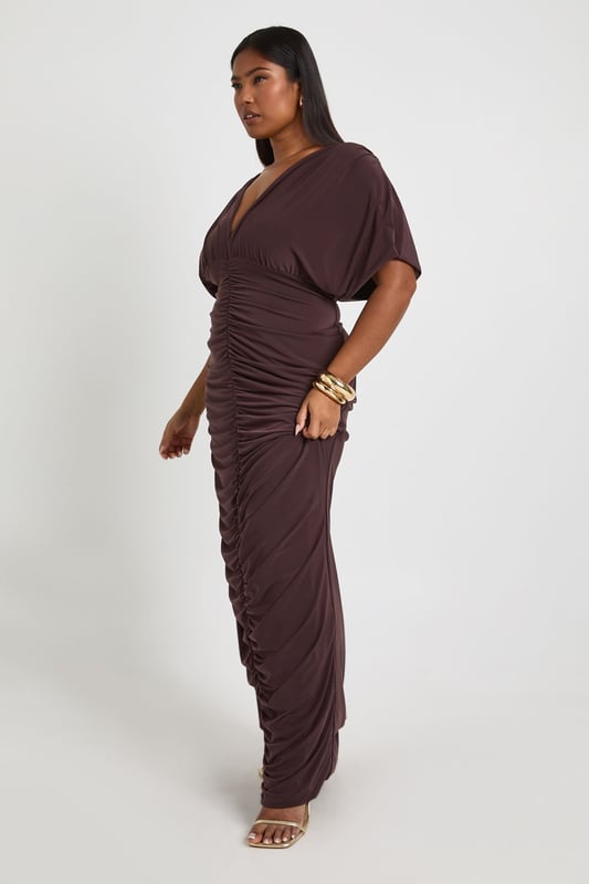 Plus Double Layer Ruched Plunge Batwing Maxi Dress