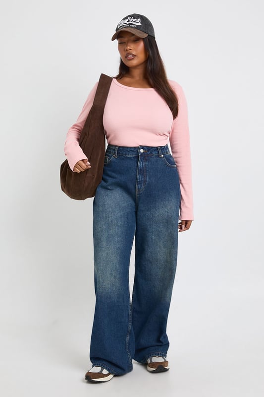 Plus Basic Rib Scoop Neck Longline Long Sleeve Fitted Top