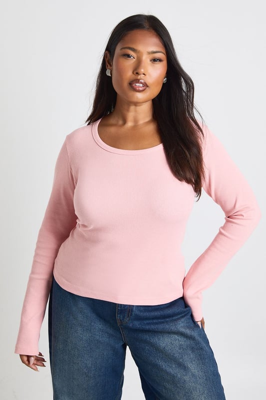 Plus Basic Rib Scoop Neck Longline Long Sleeve Fitted Top