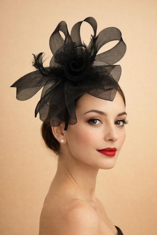 Folded Bow Fascinator with Tipped Feathers in Black