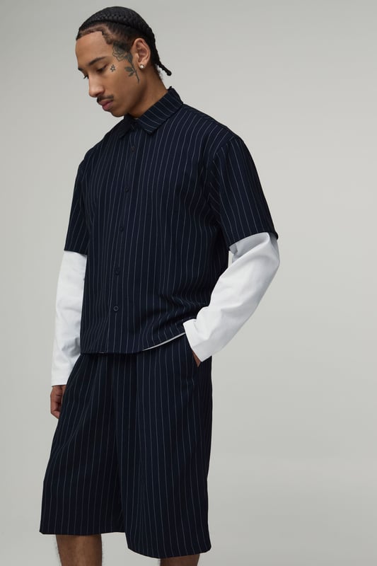 Pinstripe Oversized Boxy Faux Layer Shirt & Wide Leg Pleat Front Jorts Set