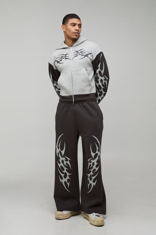 Shrunken Gothic Contrast Zip Through Extreme Wide Leg Tracksuit