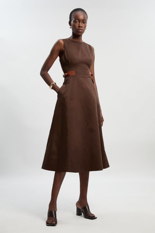 Tailored Linen Tab Waist Detail Full Skirt Midi Dress