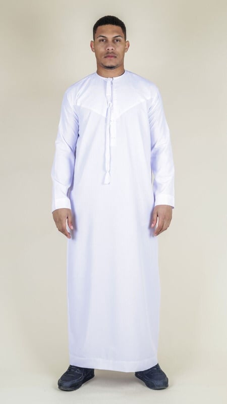 Men's White Thobe Emirati Islamic Jubba Robe Eid Tassel Slim Fit
