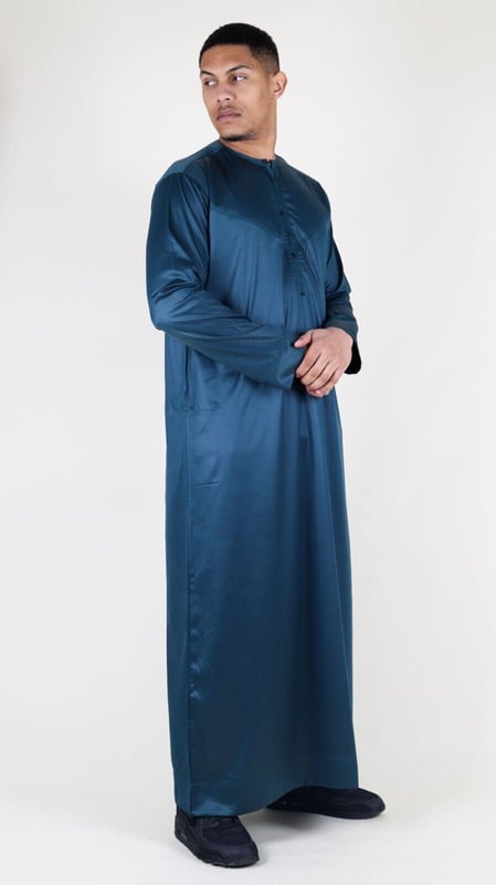 Men's Navy Blue Thobe Robe Satin Emirati Islamic Jubba Eid Regular Fit
