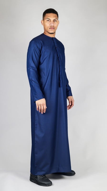 Men's Navy Blue Thobe Emirati Islamic Jubba Robe Eid Tassel Slim Fit