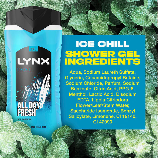 3x Lynx 3-in-1 Ice Chill All Day Fresh Bodywash 225ml with Manwasher ...