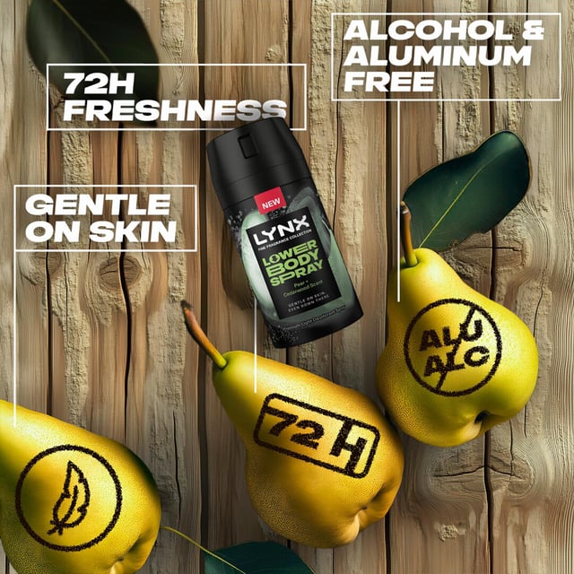 Lynx Lower Body Spray Pear + Cedarwood 72Hrs of Freshness 100ml, 24 Pack