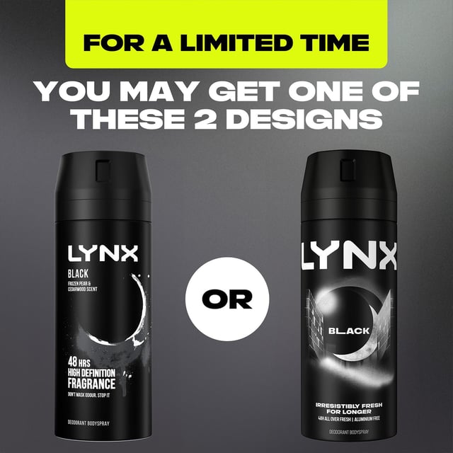 Lynx Black Body Spray Deodorant 48Hrs High Definition Fragrance 150ml ...