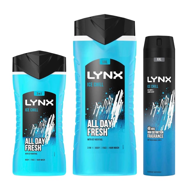 Lynx Ice Chill 3pk Bundle of 250ml Body Spray and 225ml & 500ml Shower Gels